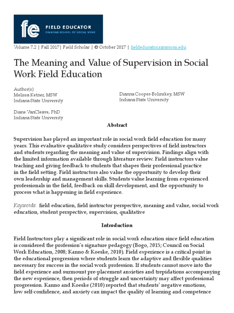 The Meaning and Value of Supervision in Social Work Field Education ...