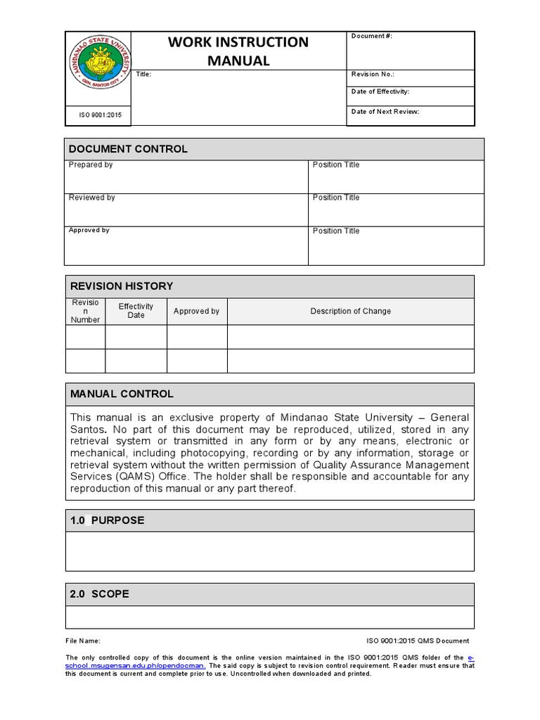 Work Instruction Manual: Document Control | PDF | Iso 9000 | Version ...