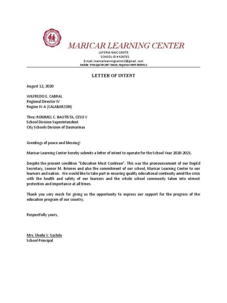 Maricar Learning Center: Letter of Intent | PDF