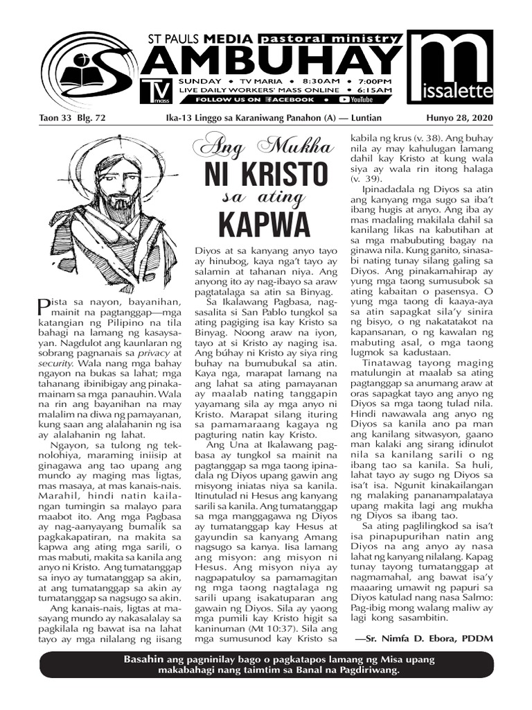 Sambuhay Tagalog June 282020 Ika 13 Linggo Sa Karaniwang Panahon | PDF Sambuhay Tagalog June 282020 Ika 13 Linggo Sa Karaniwang Panahon | PDF
