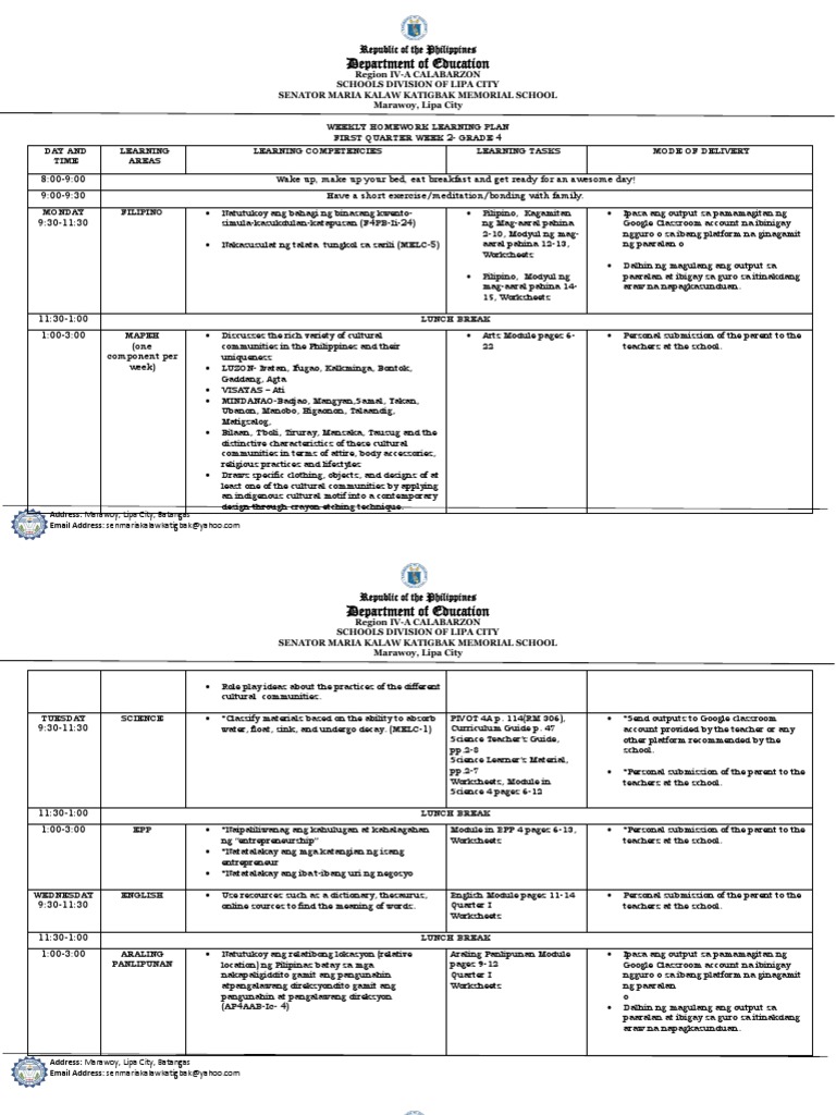 Weekly-Home-Learning-Plan-WEEK-2. Mam GINA PDF | PDF | Learning ...