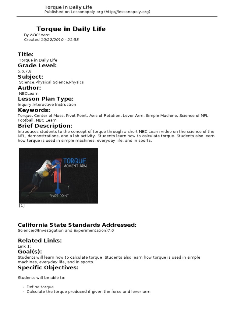 Torque in Daily Life: Title: Grade Level: Subject: Author: Lesson Plan ...