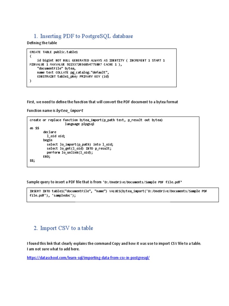 Insert PDF to PostgreSQL with bytea | PDF