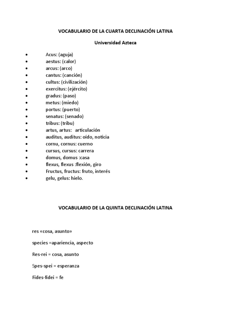 Vocabulario de la cuarta y quinta declinación latina y números en latín ...