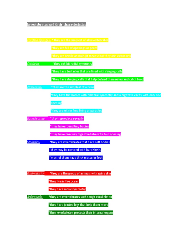 Invertebrates and Their Characteristics | PDF