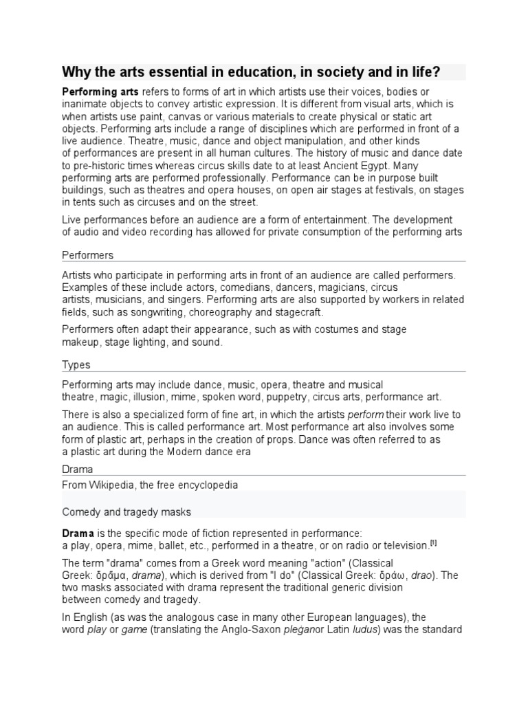 Why The Arts Essential in Education | PDF | Play (Theatre) | Performing ...