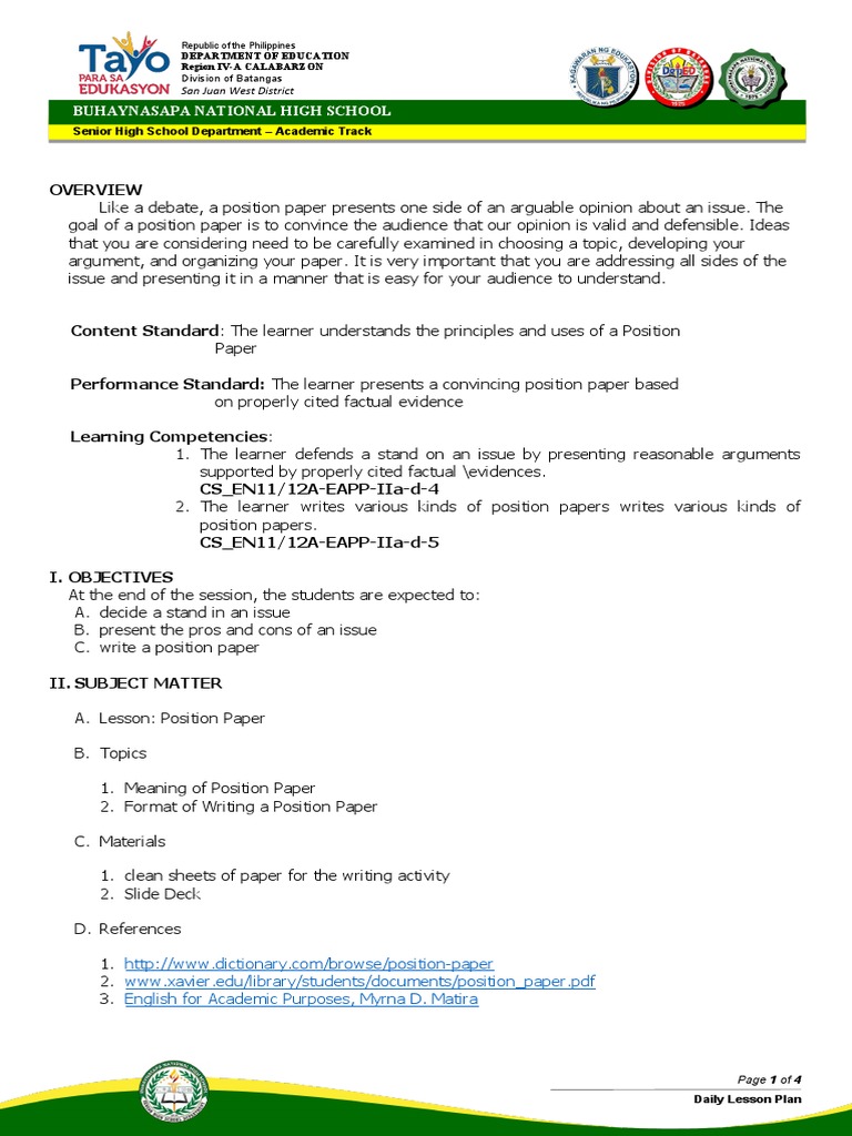Demo - Position Paper | PDF | Lesson Plan | Teaching