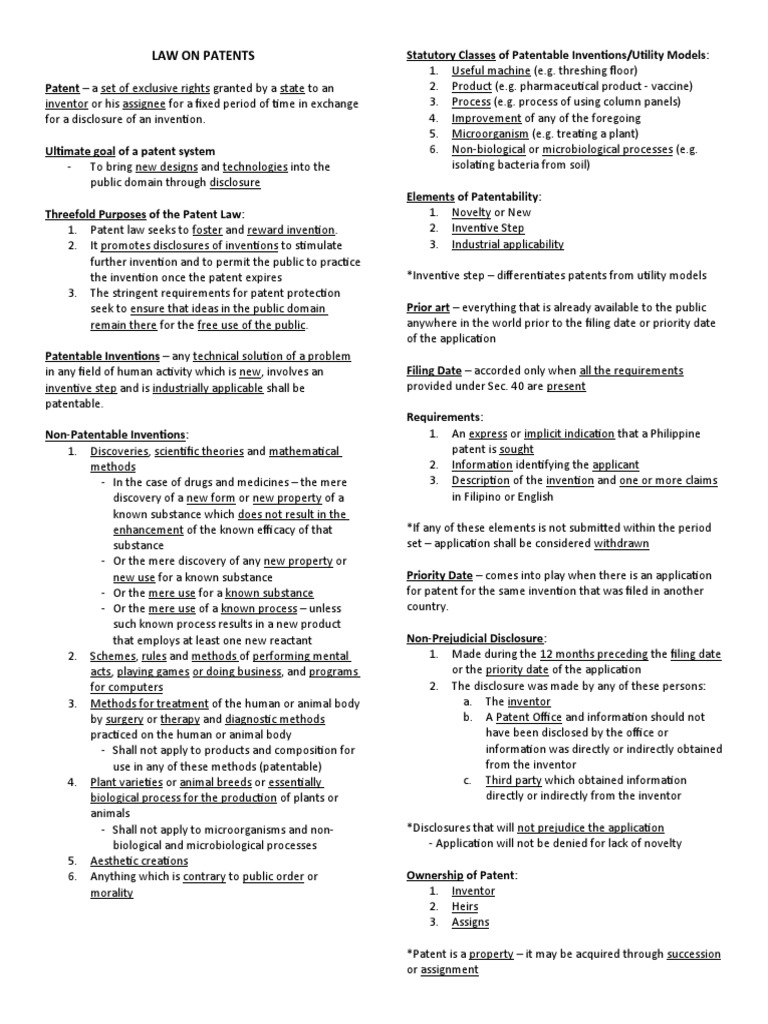 Law On Patents Notes | PDF | Patent Application | Patent