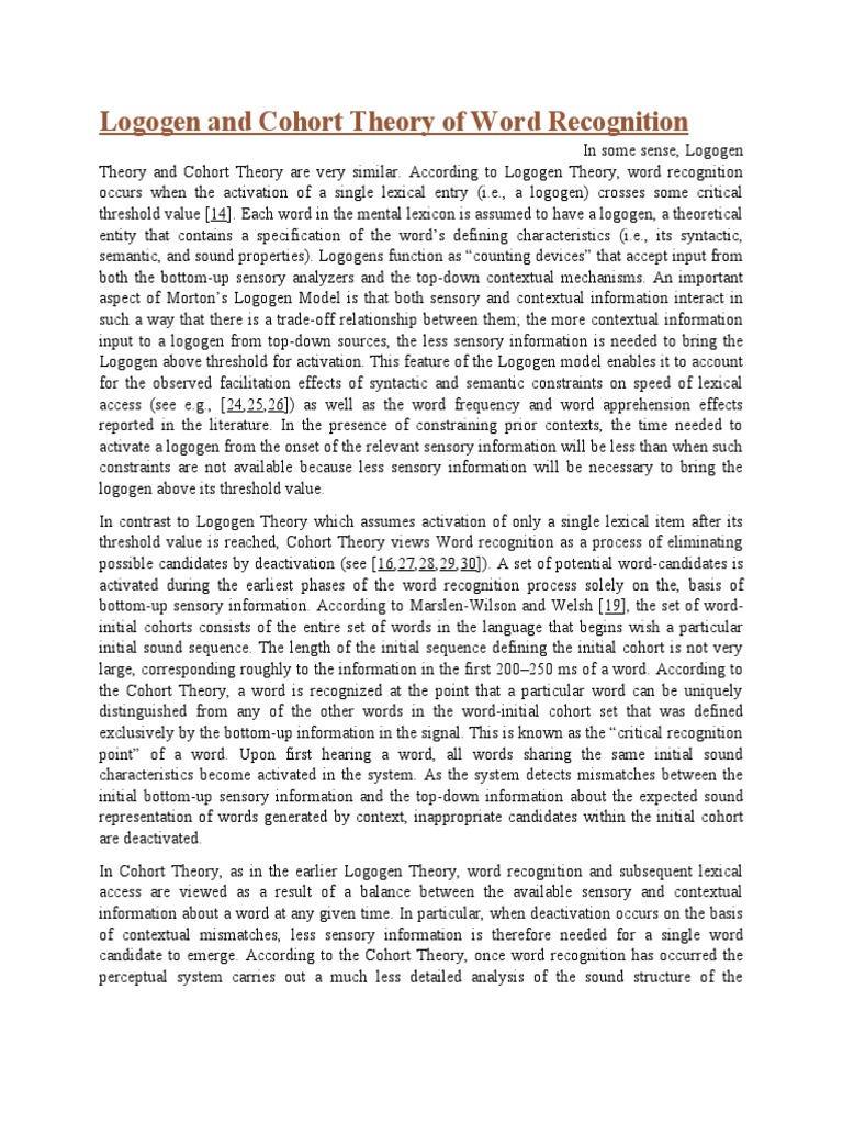 Logogen and Cohort Theory of Word Recognition | PDF | Top Down And ...