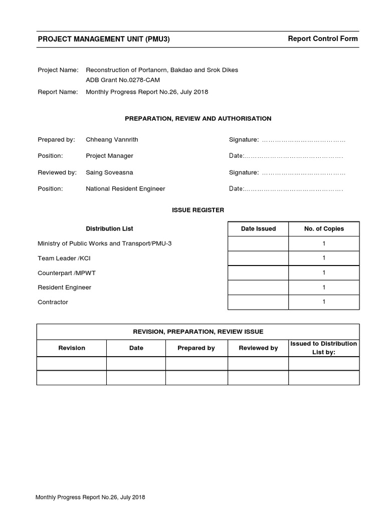 Project Management Unit (Pmu3) Report Control Form: Preparation, Review ...