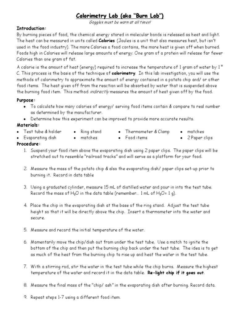Calorimetry Lab (Aka "Burn Lab") : Indirectly | PDF | Calorie | Heat