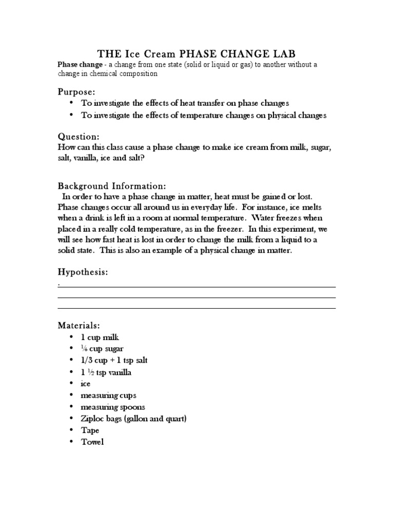 The Ice Cream Phase Change Lab: Change in Chemical Composition ...