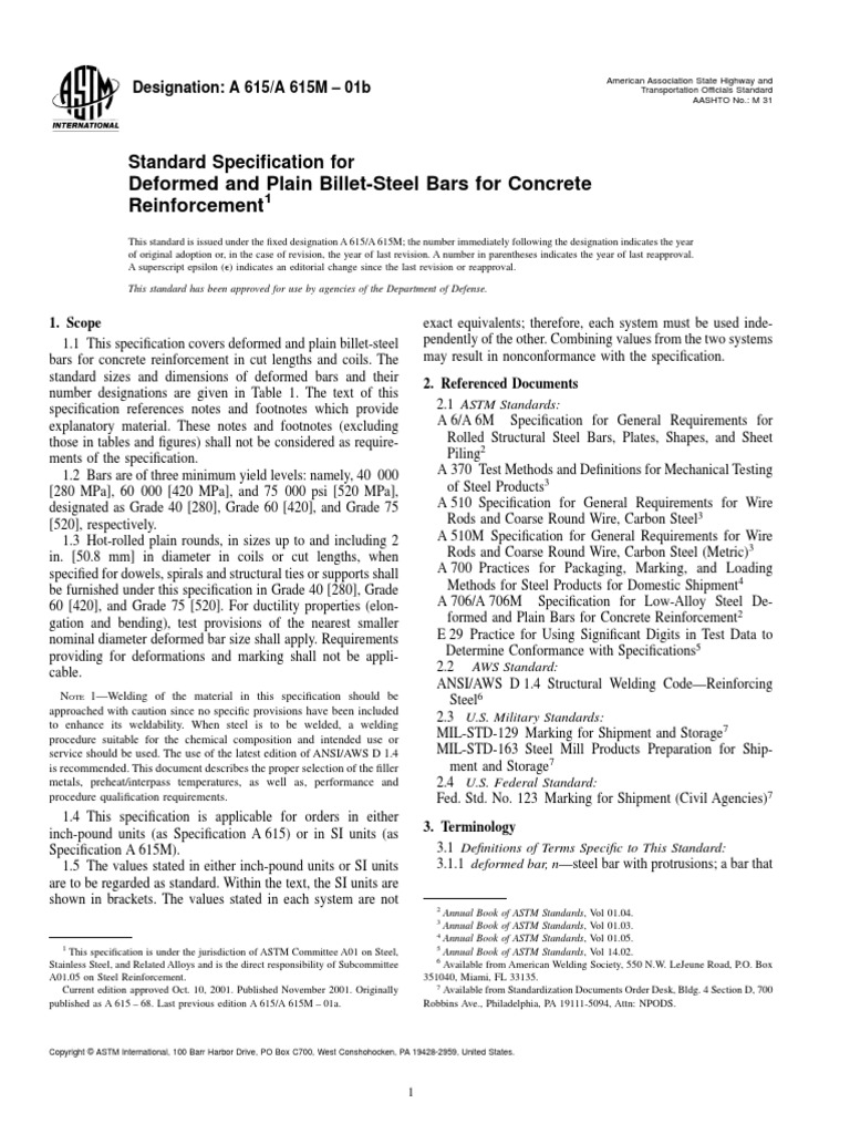ASTM A615－螺纹钢和普通圆钢的标准规范01b PDF | PDF | Strength Of Materials | Yield ...