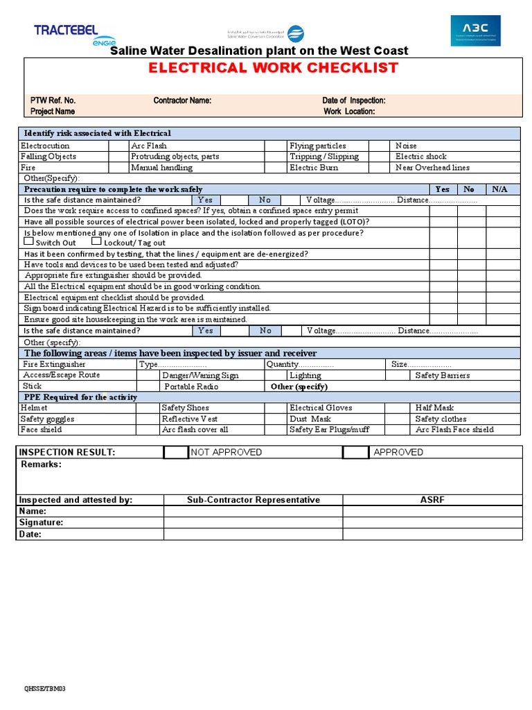 Electrical Work Checklist: Saline Water Desalination Plant On The West ...