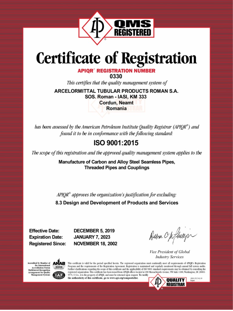 06 - ArcelorMittal Romania Certificate ISO 9001 | PDF