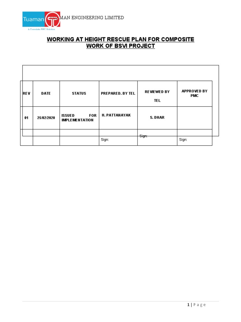 Working at Height Rescue Plan For Composite Work of Bsvi Project | PDF ...