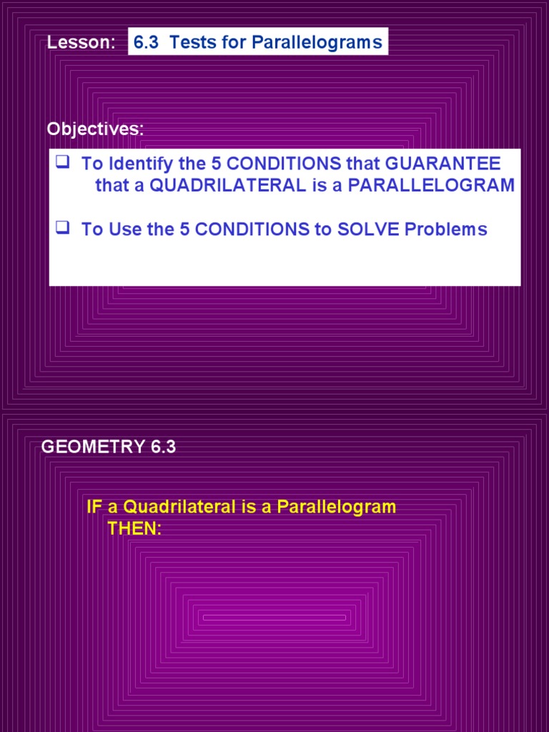 6.3 Tests For Parallelograms: Lesson | PDF | Rectangle | Euclidean ...