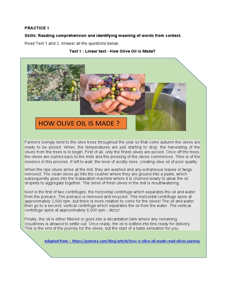 How Olive Oil Is Made ?: Read Text 1 and 2. Answer All The Questions ...