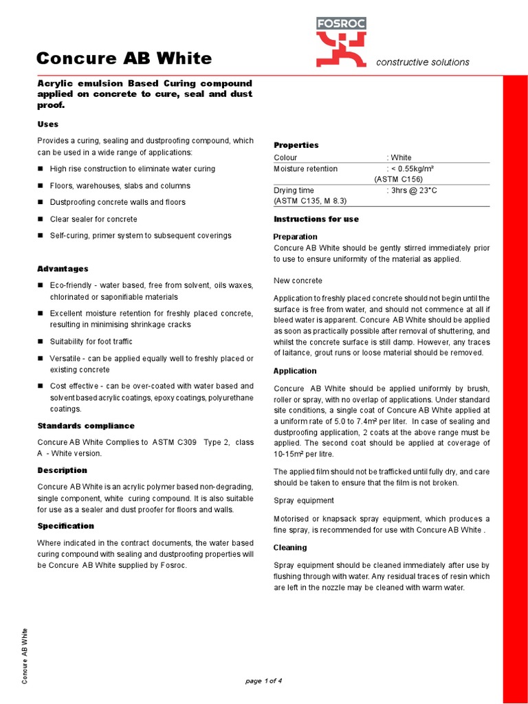 TDS Concure AB White India PDF | PDF | Concrete | Paint