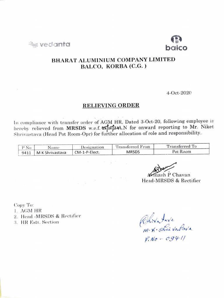 Relieving Order | PDF