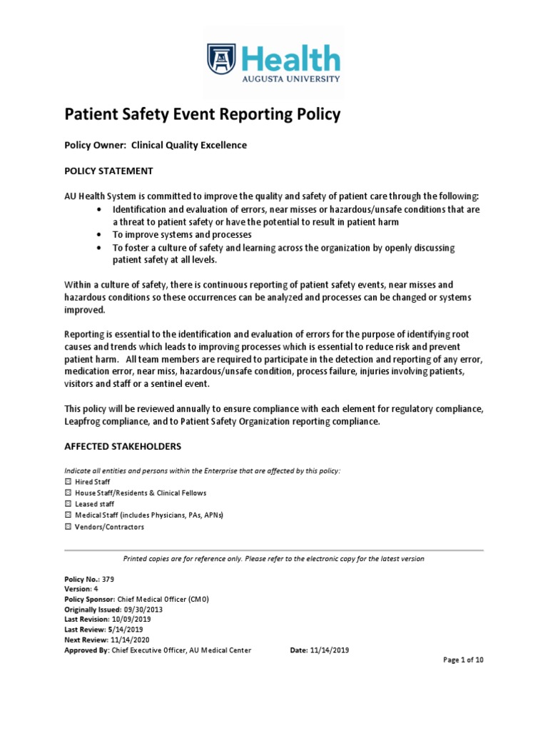 Patient Safety Event Reporting Policy | PDF | Patient Safety | Surgery
