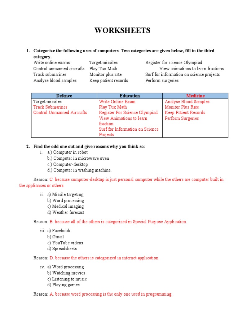 Computers Worksheets Categorization | PDF | Embedded System | Internet