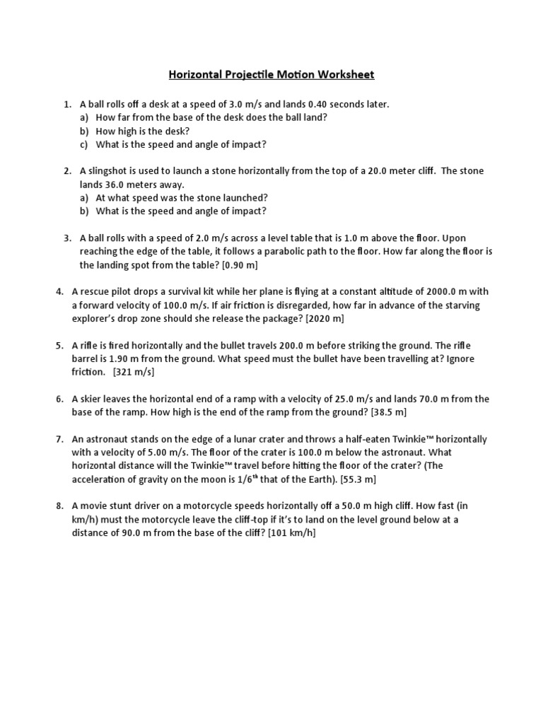 Horizontal Projectile Motion Worksheet | PDF