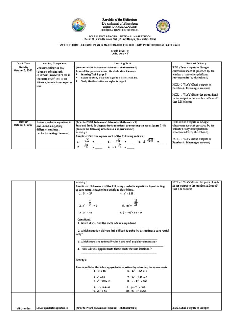 Department of Education: Republic of The Philippines | PDF | Quadratic ...