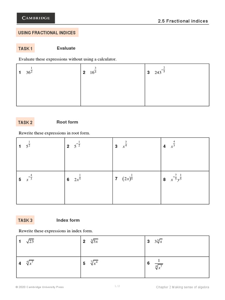 2.5 Fractional Indices Using Fractional Indices: Evaluate | PDF ...