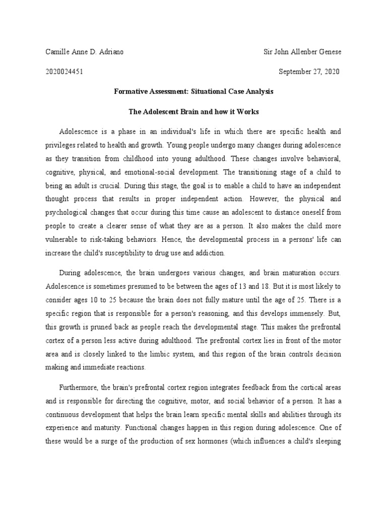 Formative Assessment: Situational Case Analysis The Adolescent Brain ...
