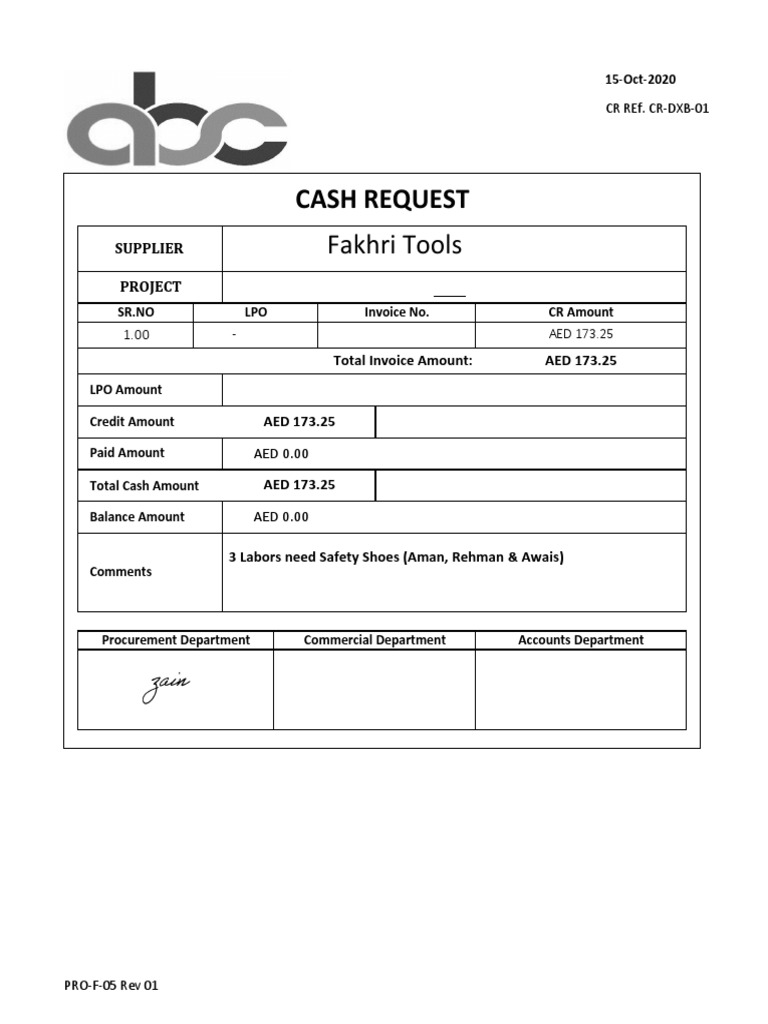 Cash Request - 01 (DXB Airport) | PDF