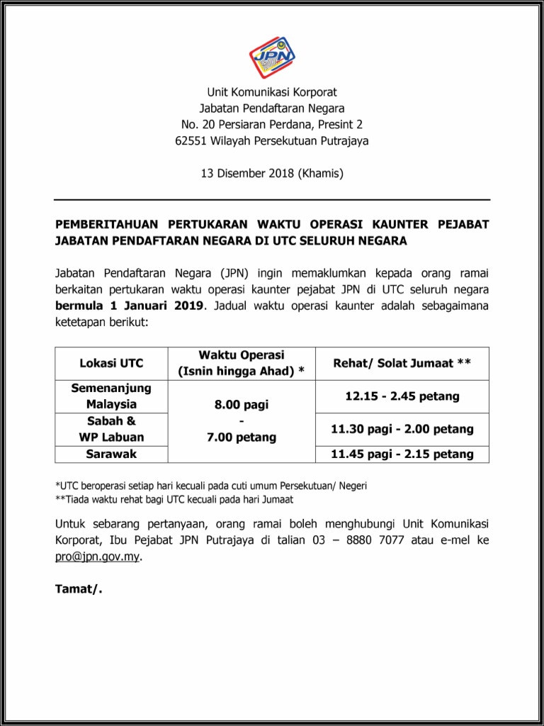 Pemberitahuan Pertukaran Waktu Operasi Kaunter Pejabat Jabatan ...