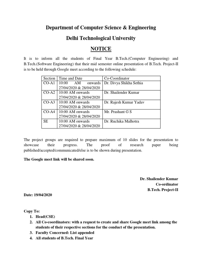 Final Year B.Tech Project-II Presentation Schedule | PDF