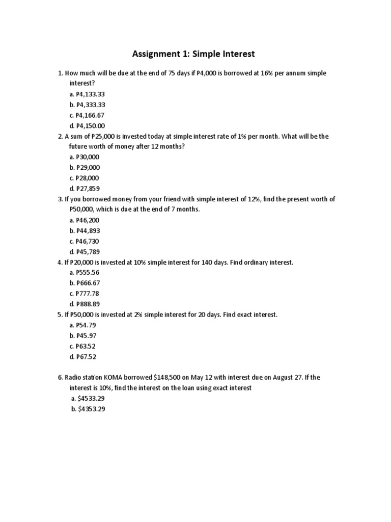 Assignment For Simple Interest | PDF