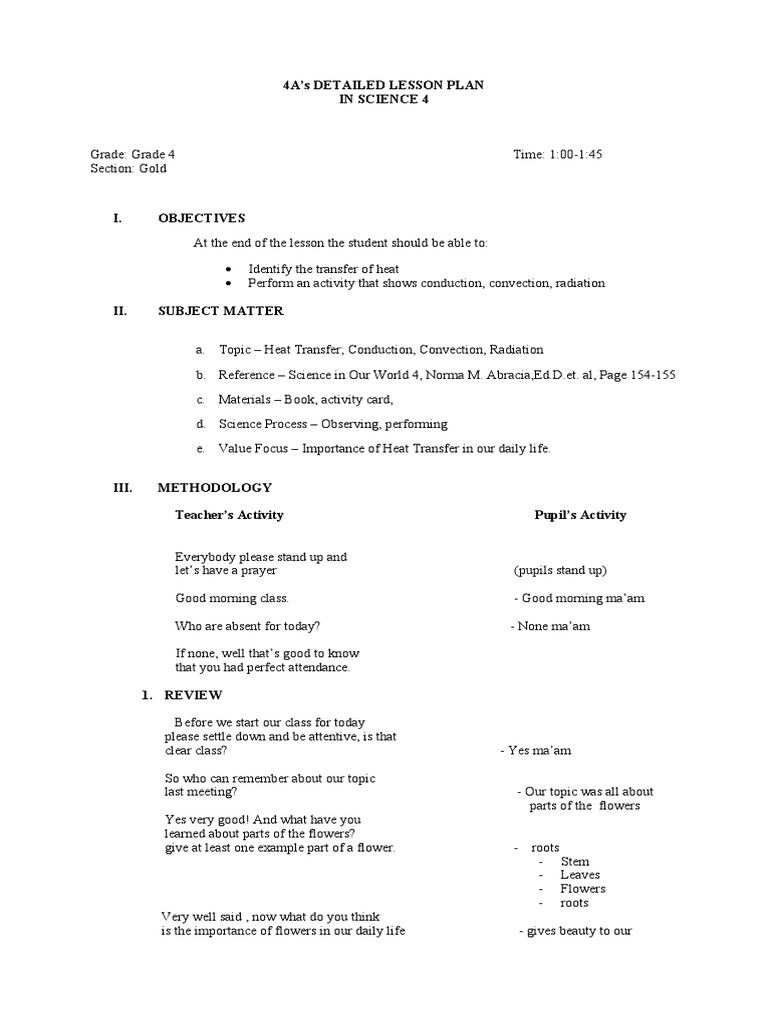 4A'S Detailed Lesson Plan in Science 4 | PDF | Heat Transfer | Thermal ...