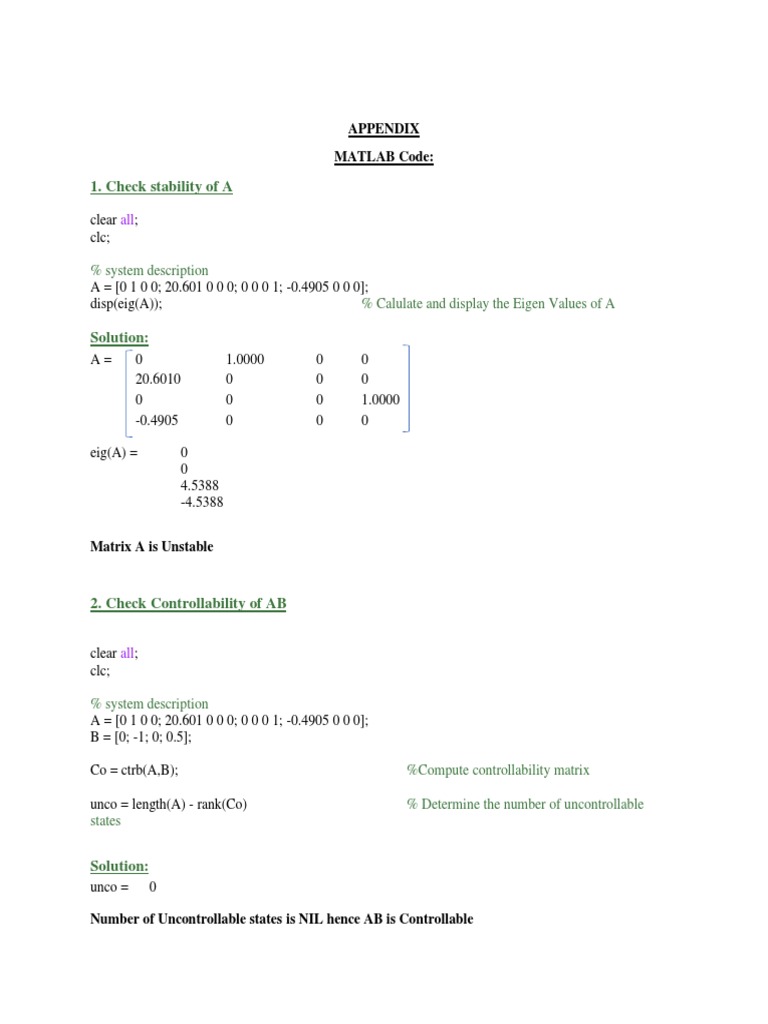 Check Stability of A: Appendix MATLAB Code | PDF | Control Theory | Algorithms