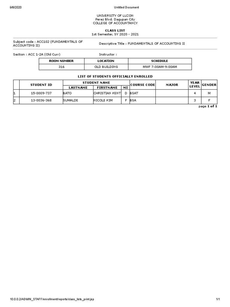Class List: Room Number Location Schedule | PDF