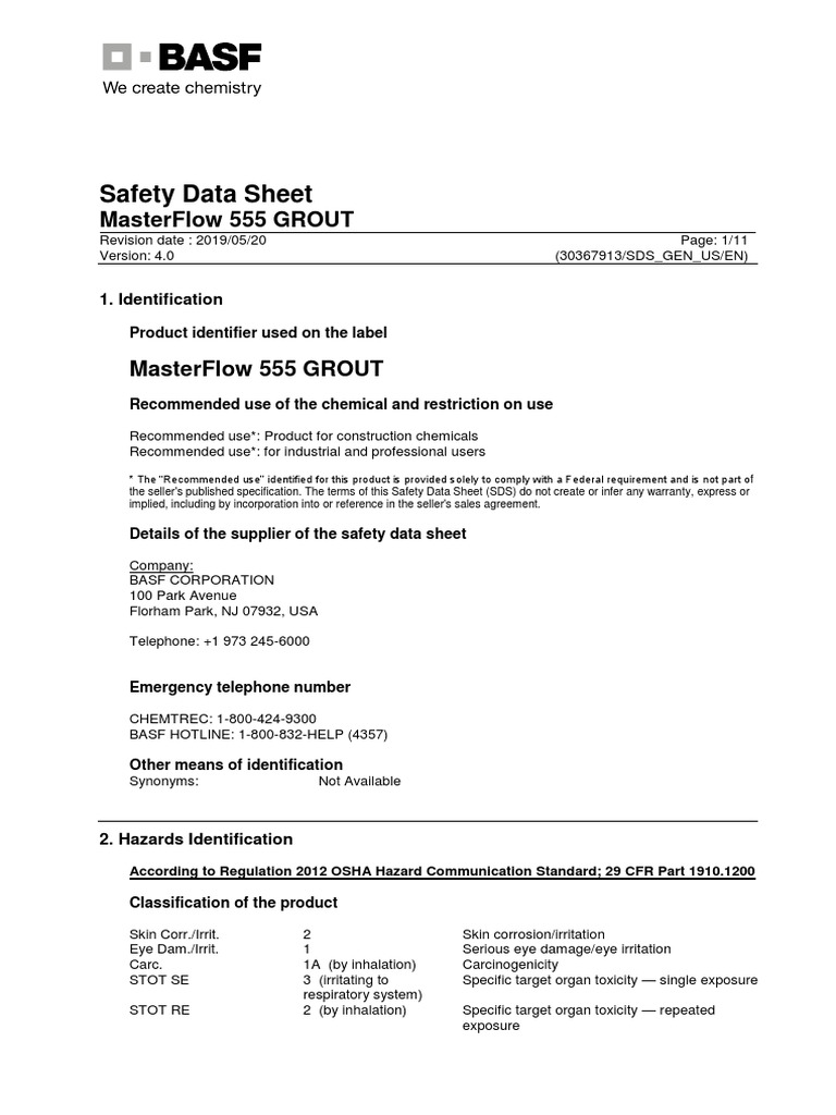 Safety Data Sheet: Masterflow 555 Grout | PDF | Toxicity | Dangerous Goods