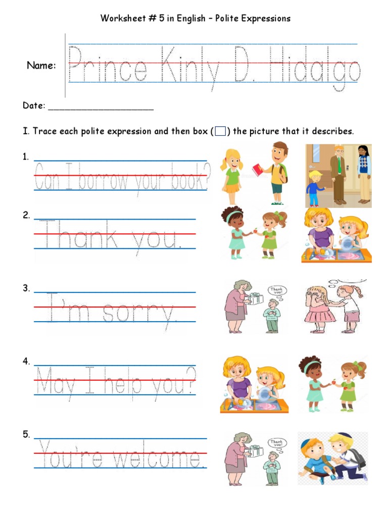 Name:: Worksheet # 5 in English - Polite Expressions | PDF
