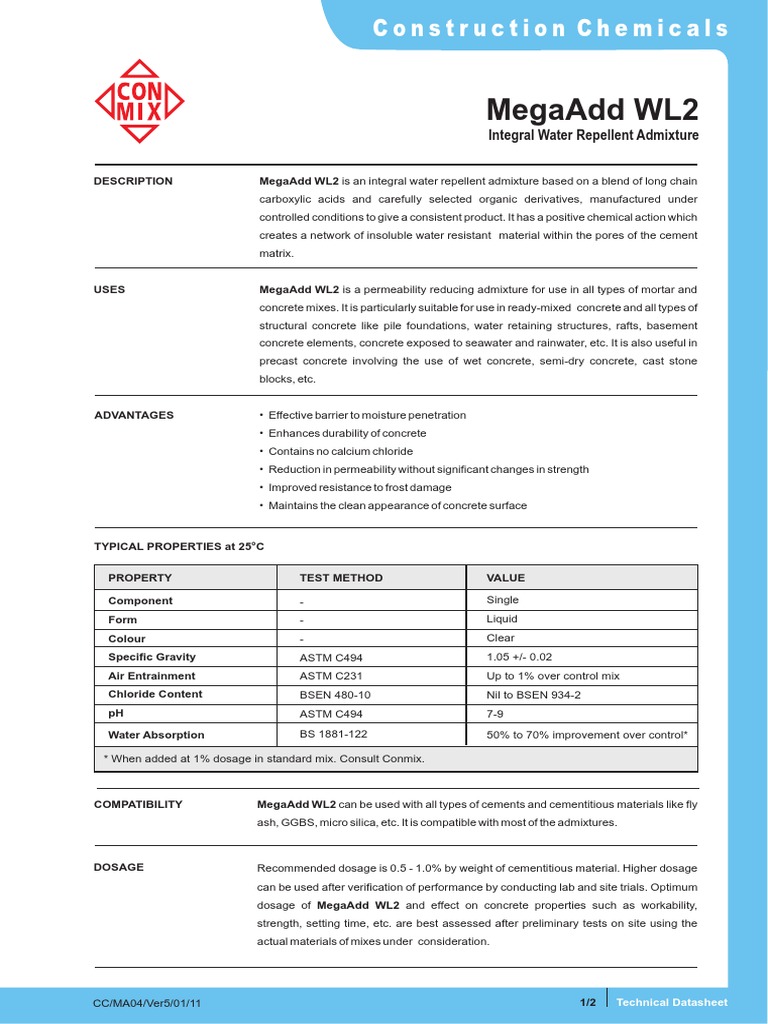 Megaadd Wl2: Integral Water Repellent Admixture | PDF | Concrete | Cement