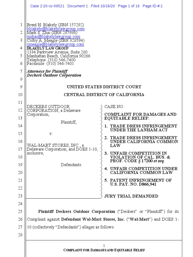 Deckers v. Walmart - Complaint | PDF | Injunction | Legal Remedy