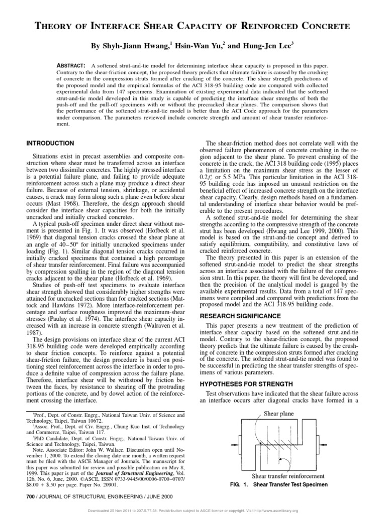 Theory of Interface Shear Capacity of Reinforced Concrete | PDF ...