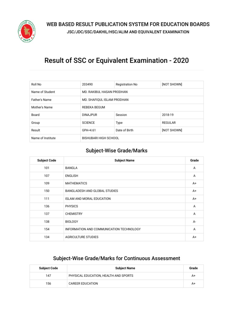 Result of SSC or Equivalent Examination - 2020: Web Based Result ...