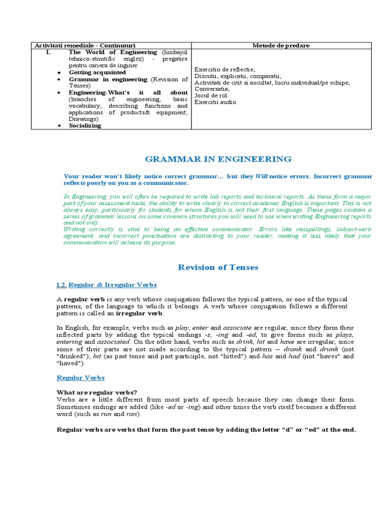 Grammar in Engineering - Revision of Tenses | PDF | Grammatical Tense ...