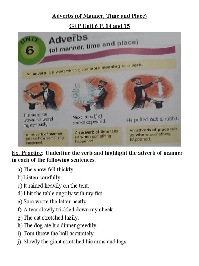 Adverbs of Manner, Time, and Place Worksheet | PDF | Language Arts ...