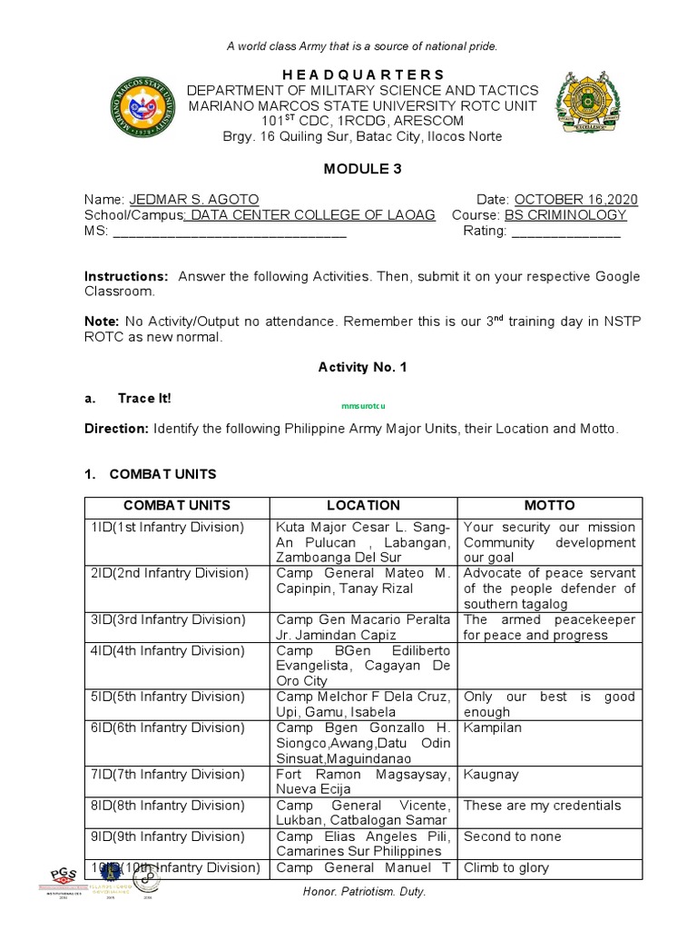 ROTC MODULE 3s Activity JEDMAR AGOTO | PDF | Military Units And ...