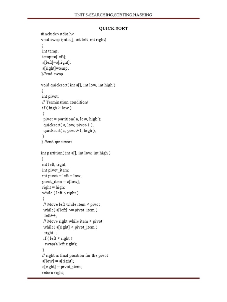Quick Sort: Unit 5-Searching, Sorting, Hashing | Download Free PDF ...