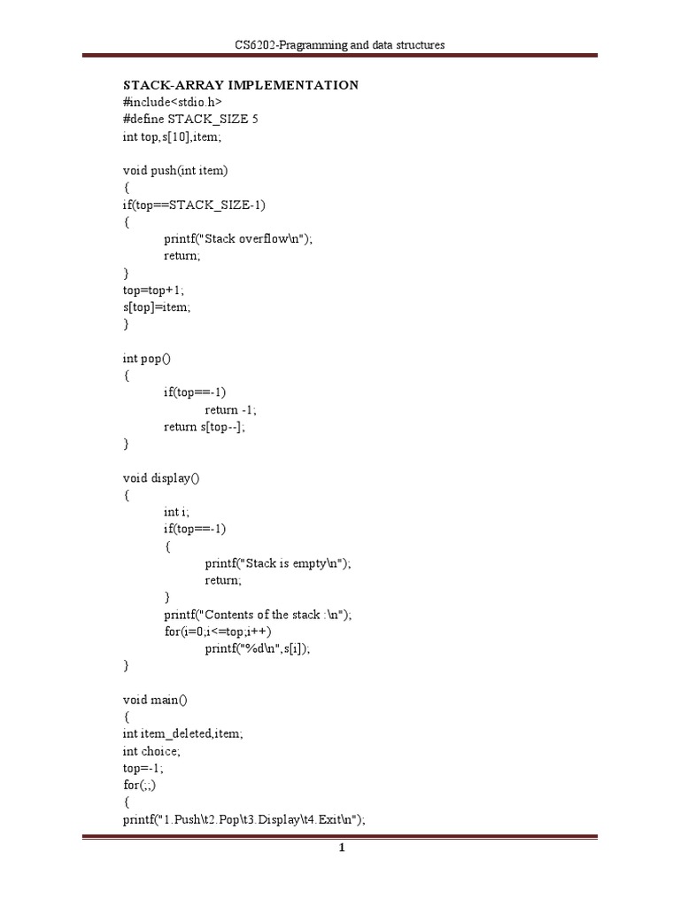 Stack-Array Implementation: CS6202-Pragramming and Data Structures | Download Free PDF | Queue ...