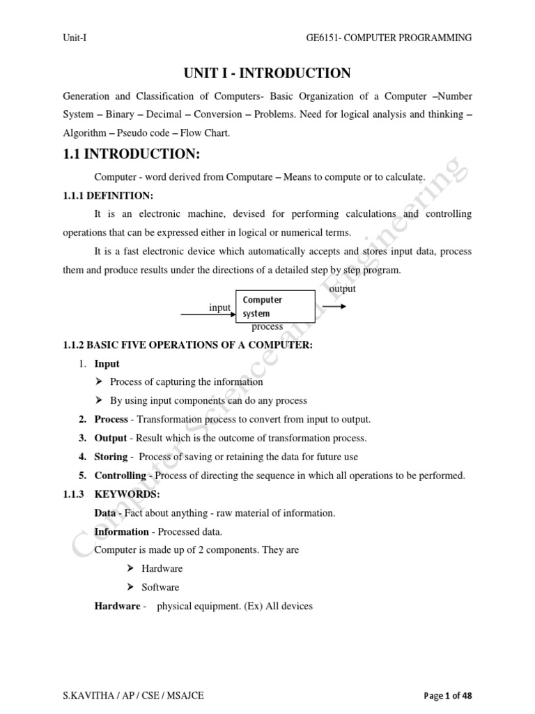 Unit I - Introduction | PDF | Random Access Memory | Read Only Memory