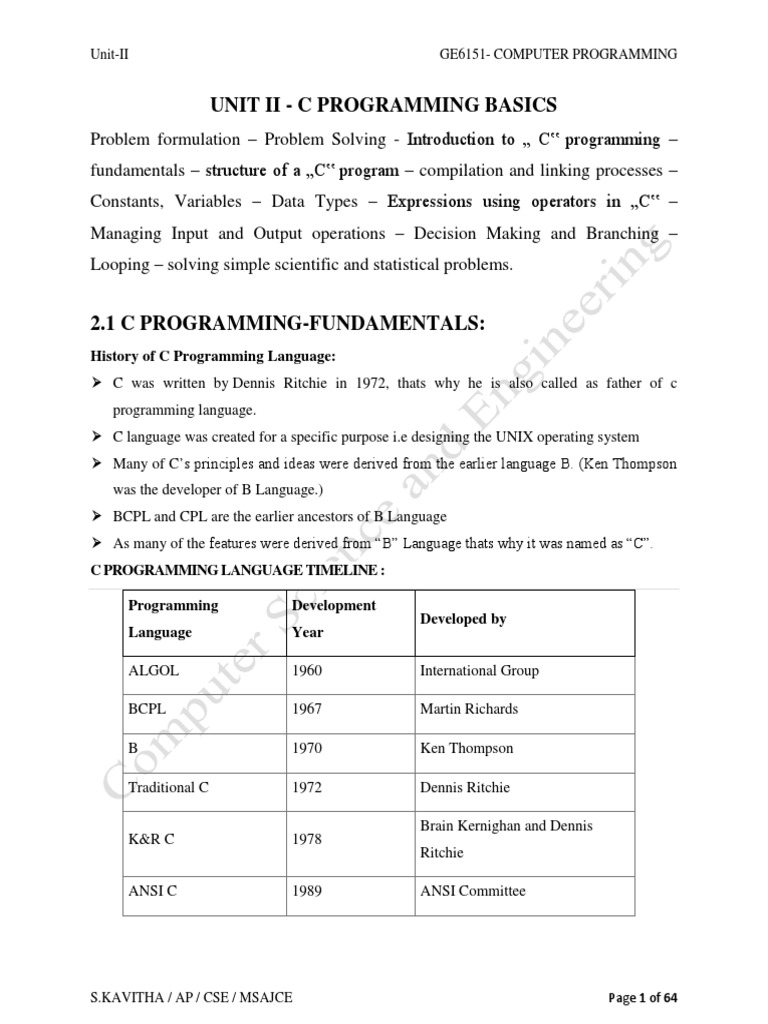 Unit Ii - C Programming Basics | PDF | C (Programming Language ...